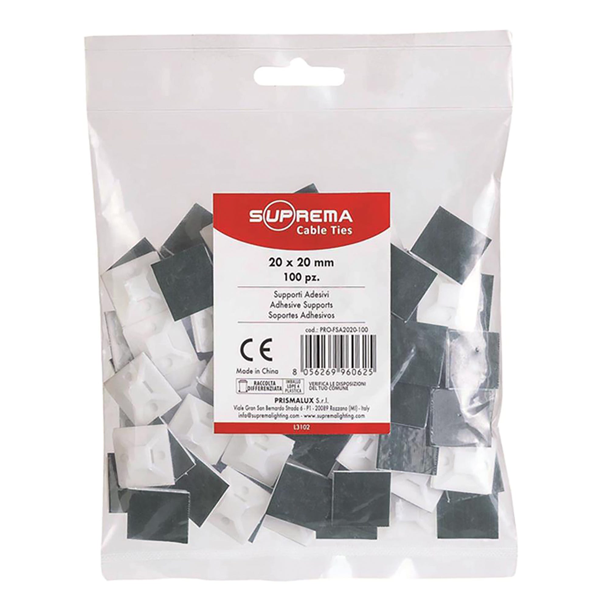 100 SUPPORTI SUPREMA ADESIVI 20x20 mm PER FASCETTE