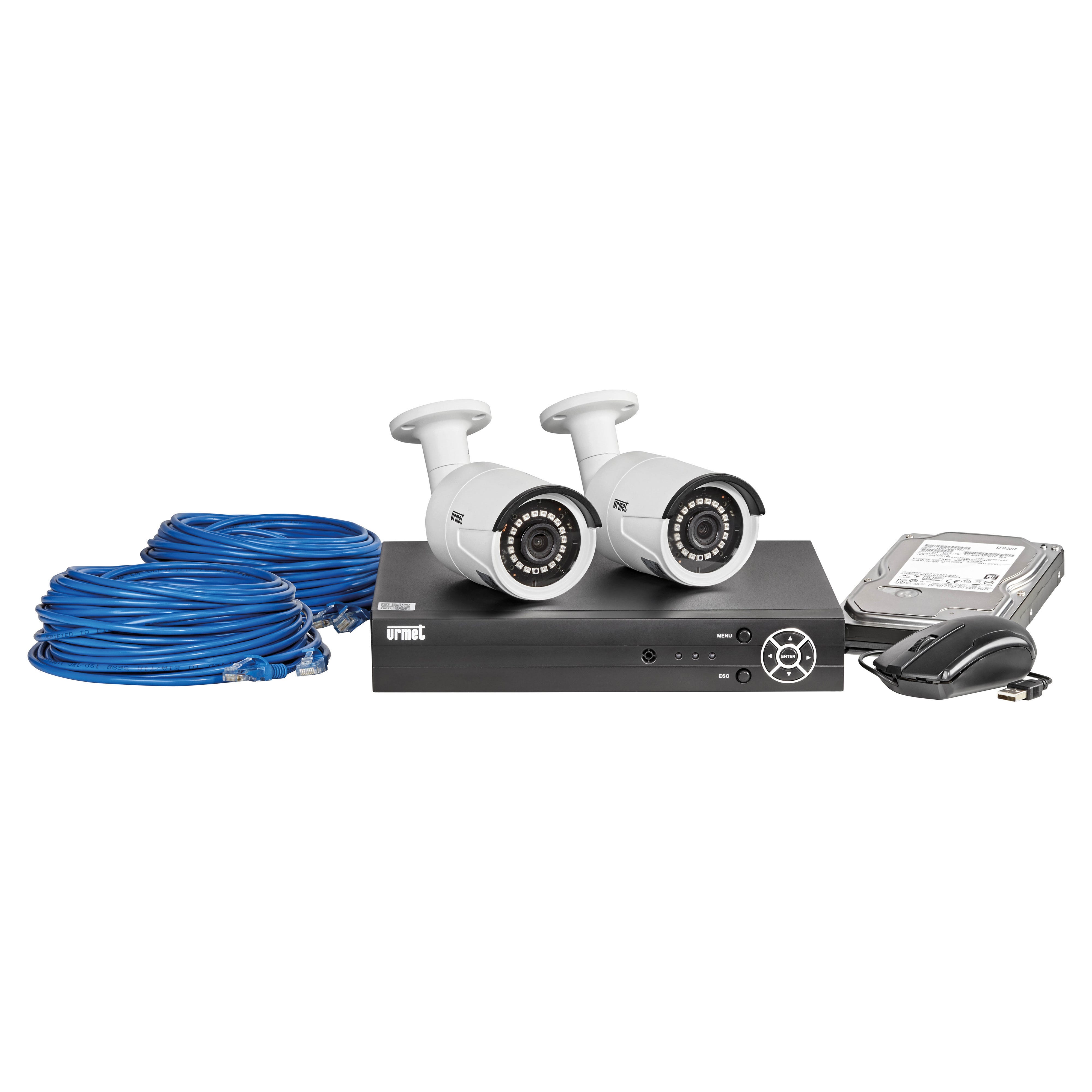 KIT TVCC URMET IP 5 Mpx POE 8 CANALI CON 2 TELECAMERE BULLET 3,6 mm E 2 MATASSE CAVO 20 m CAT5e