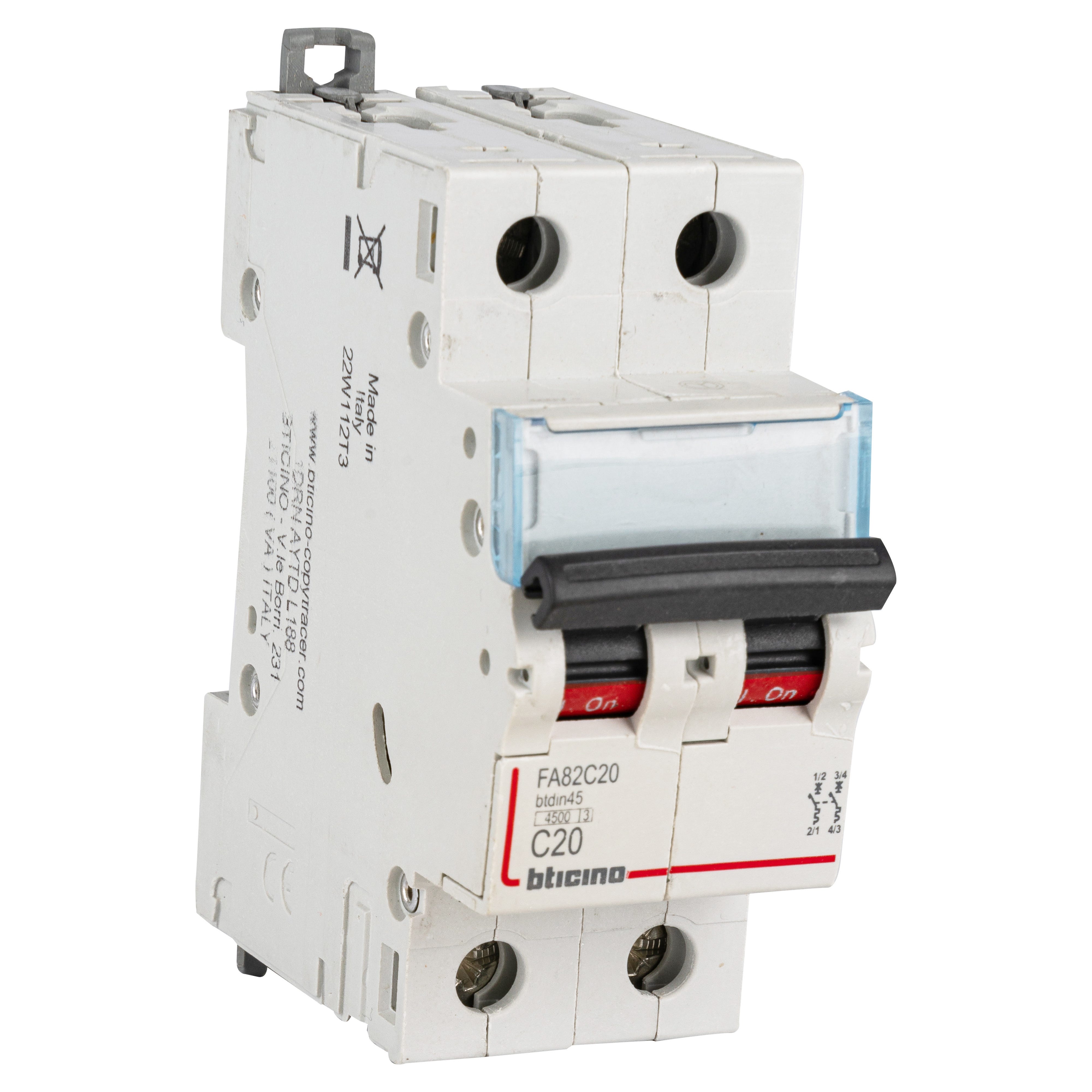 INTERRUTTORE MAGNETOTERMICO BTICINO 2P 20A 4,5kA CURVA C 2 MODULI 400 Va.c. ACCESSORIABILE