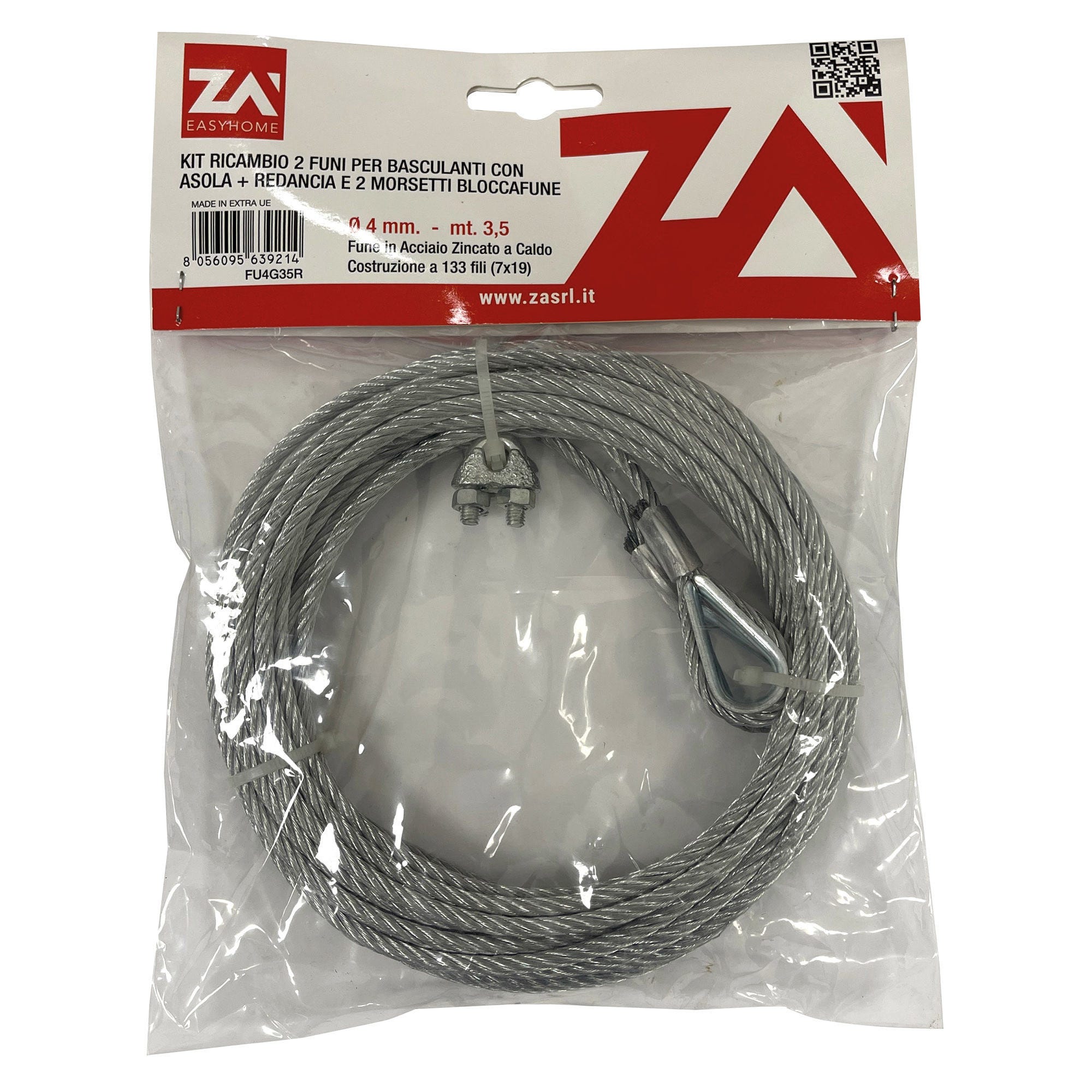 FUNE ACCIAIO BASCULANTI BOX Ø 4 mm 3,5 m 2 PEZZI TERMINALE ASOLA