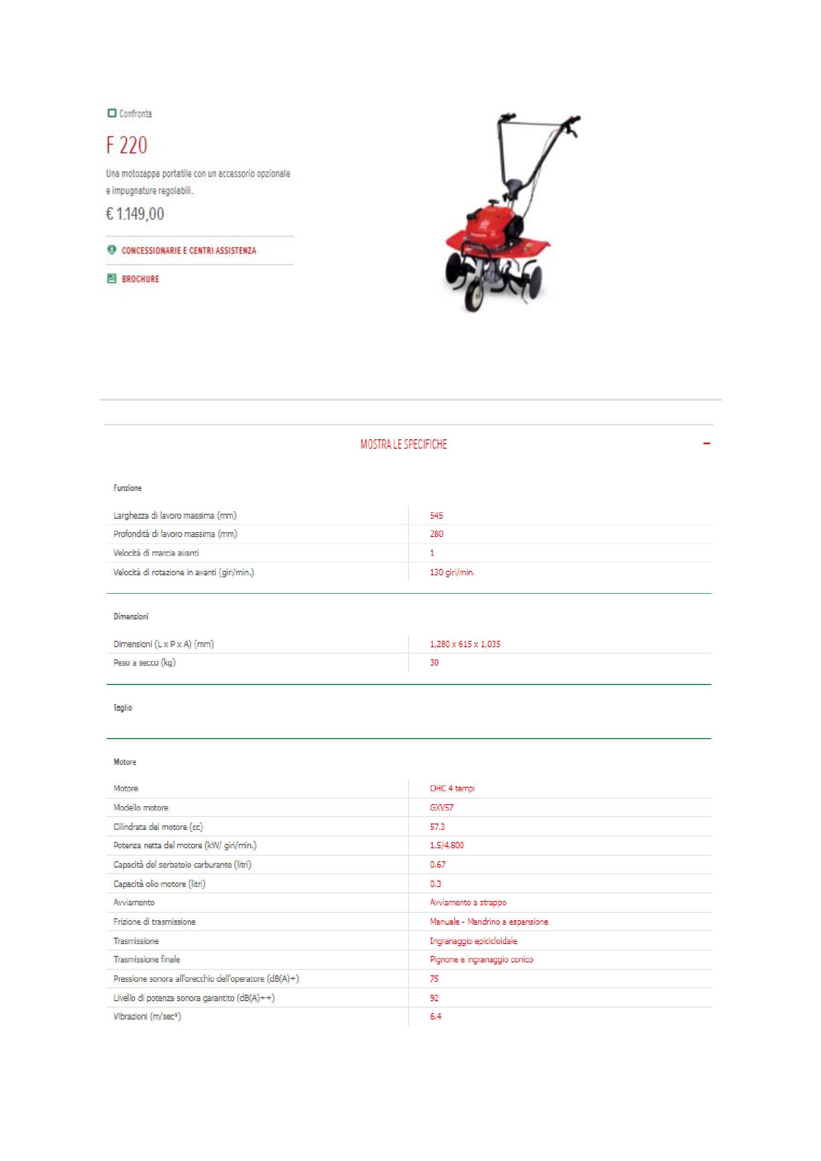 MOTOZAPPA 57,3 cc HONDA F220K1GET2 LARGHEZZA LAVORO 61,5 cm MOTORE ...