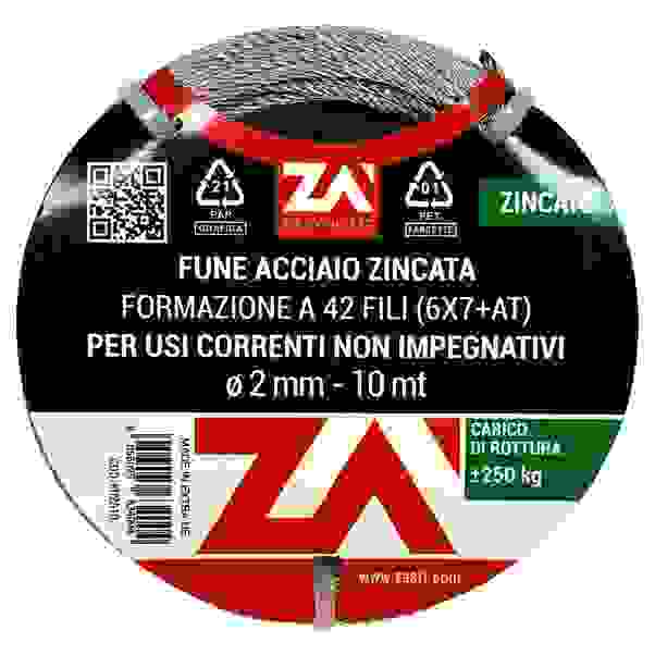 FUNE ACCIAIO ZINCATO 10 m Ø 2 mm PORTATA 210 kg