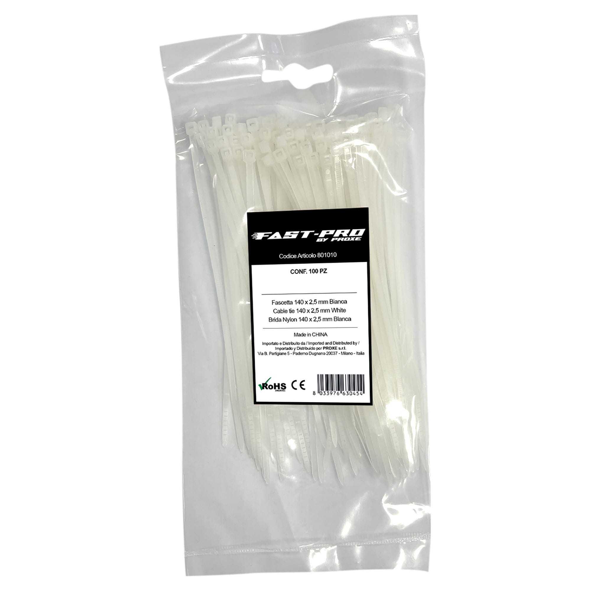 100 FASCETTE FASTGRIP 140x2,5 mm IN PVC COLORE BIANCO