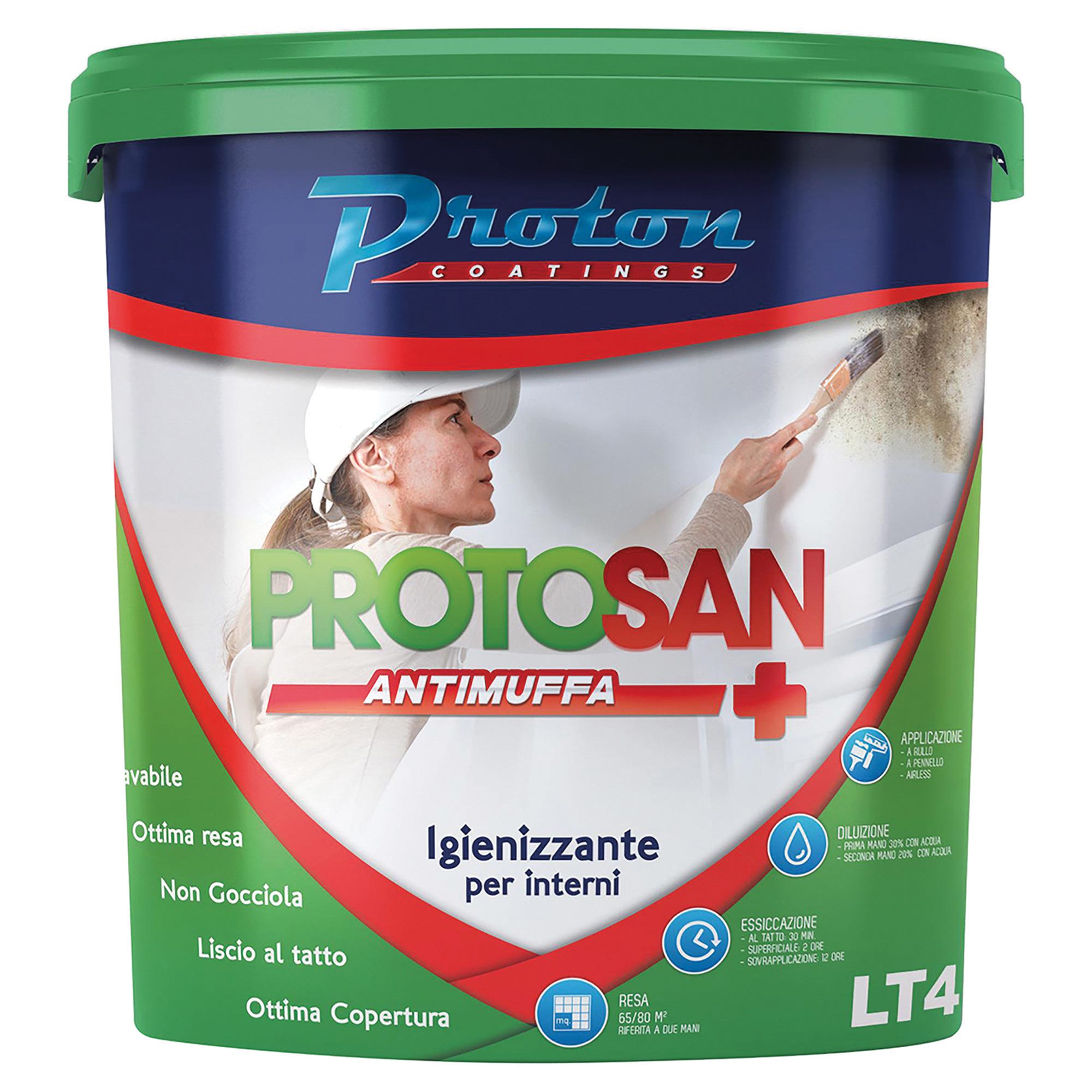 IDROPITTURA ANTIMUFFA PROTOSAN 4 l SUPERLAVABILE BIANCA 8-9 m² CON 1 l ...