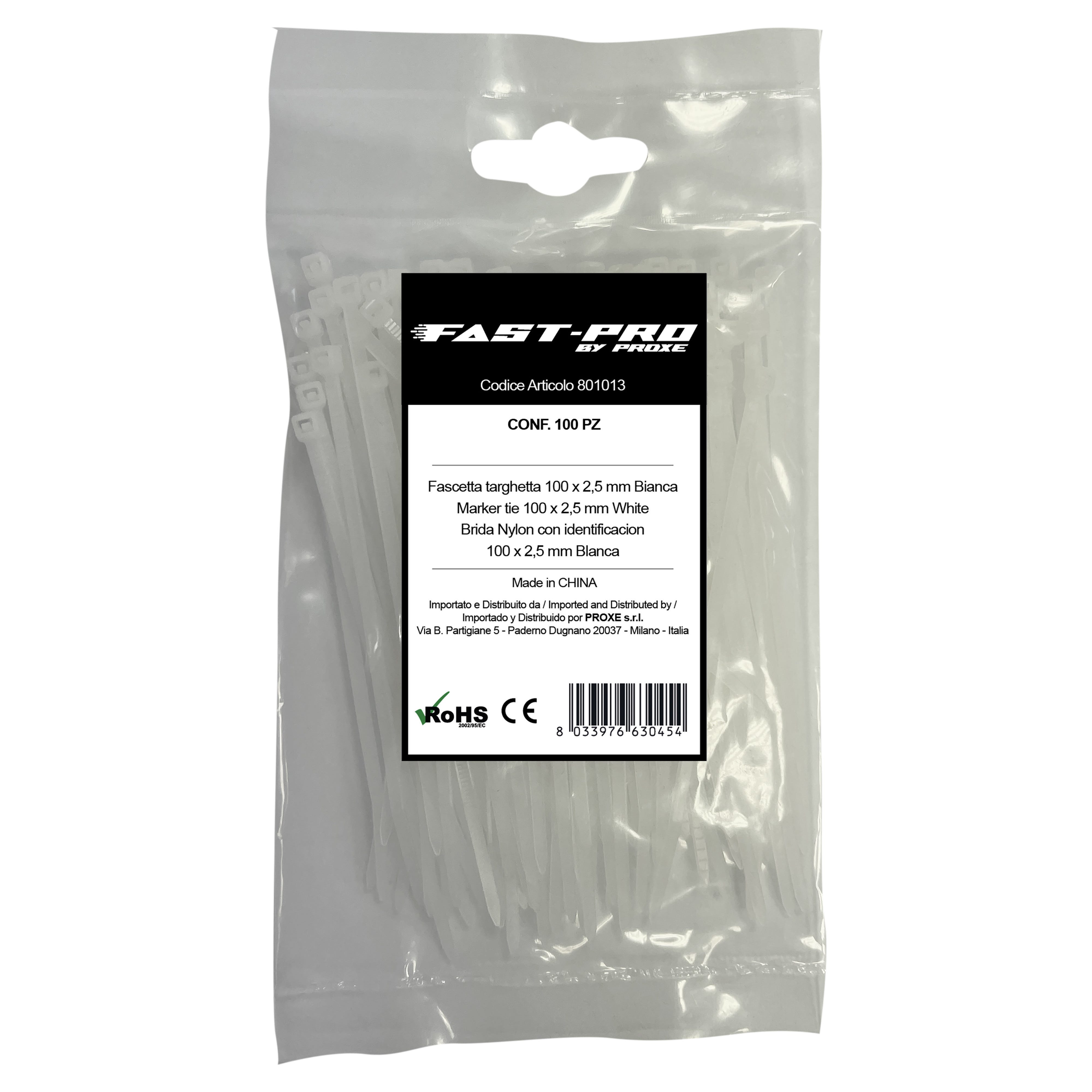 100 FASCETTE FASTGRIP 100x2,5 mm IN PVC COLORE BIANCO CON TARGHETTA