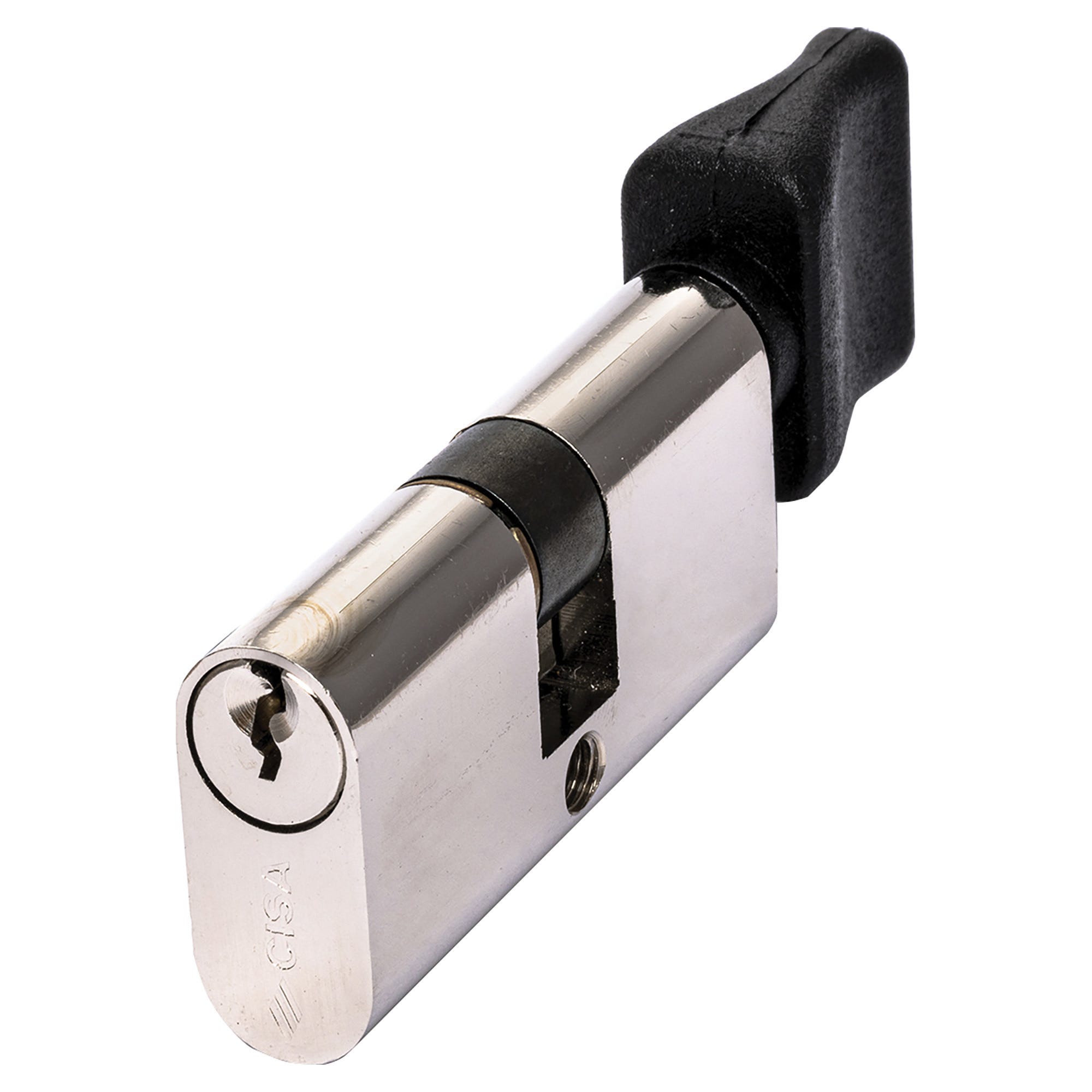 CILINDRO OVALE CISA CON POMOLO MISURA 56 = 28+28 mm OTTONE NICHELATO