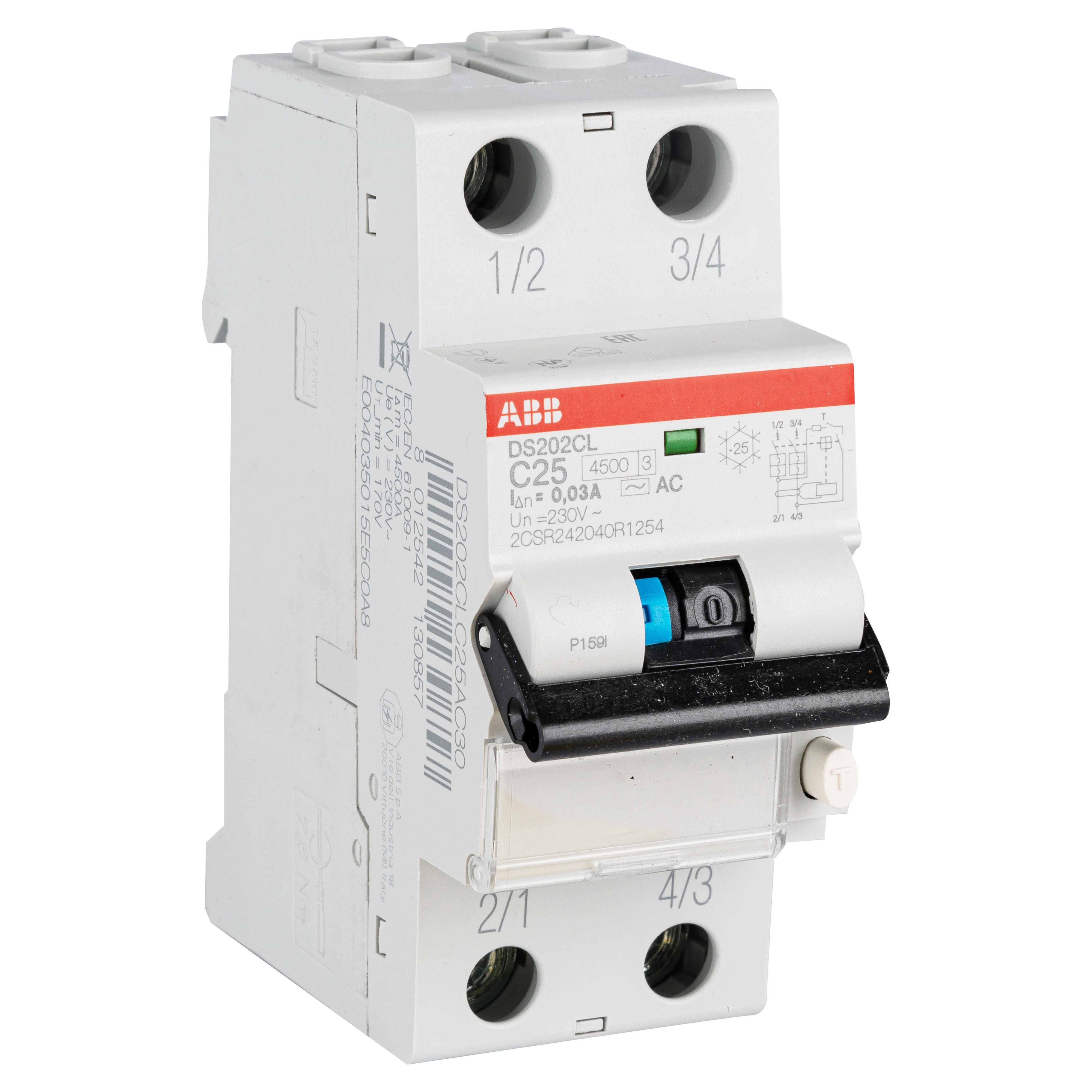 INTERRUTTORE MAGNETOTERMICO ABB DIFFERENZIALE 2P PROTETTI 25A 4,5 kA CURVA C 0,03A
