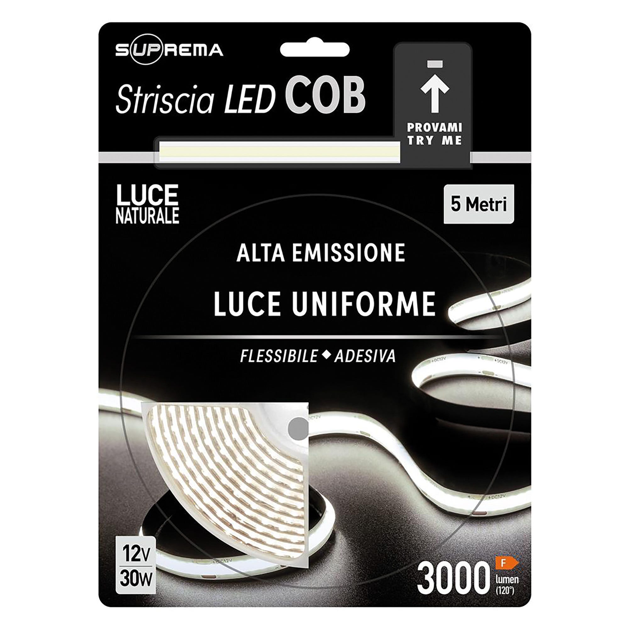 KIT LED STRIP COB 5m 6W/m 600 lm 12V LUCE BIANCA IP54