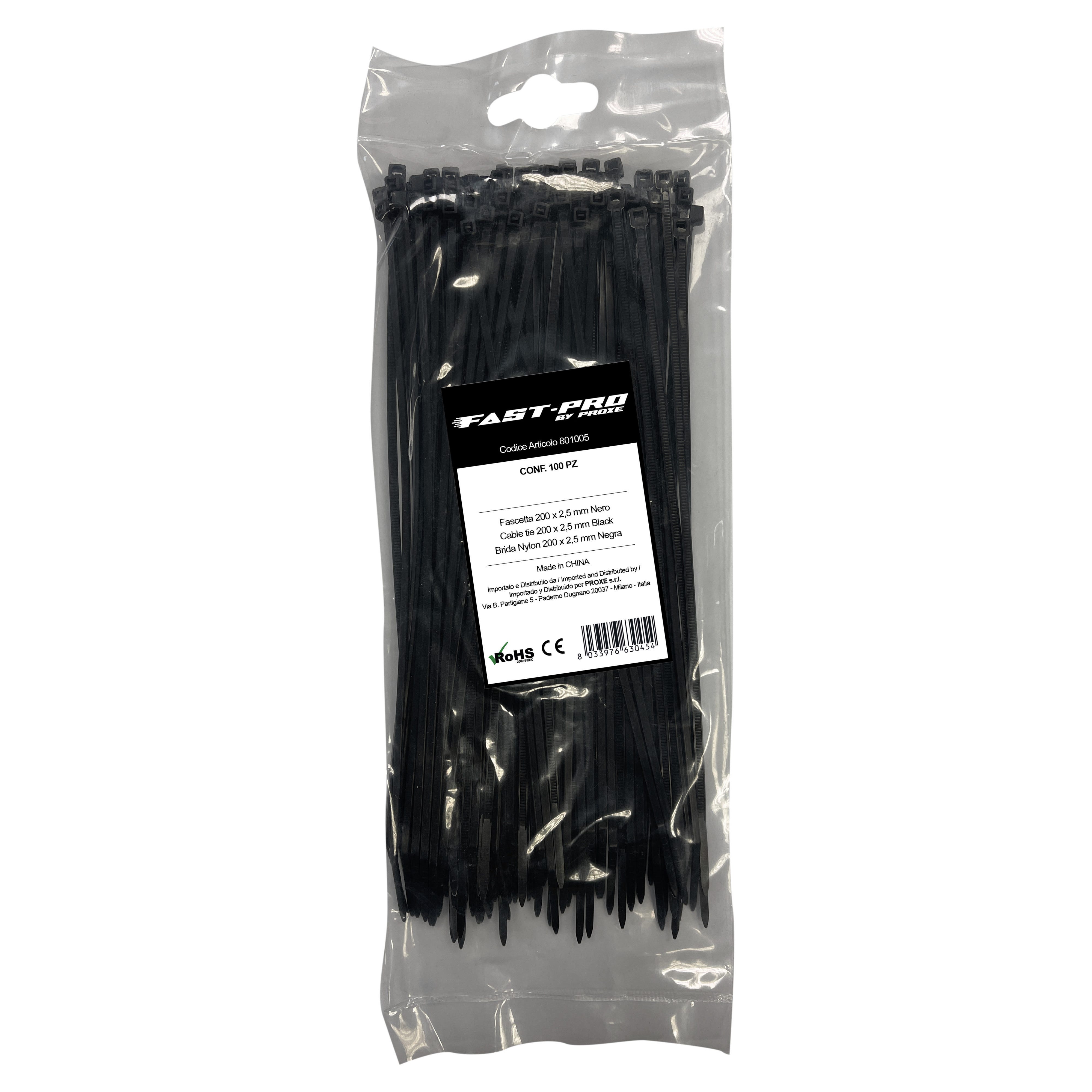 100 FASCETTE FASTGRIP 200x2,5 mm IN PVC COLORE NERO