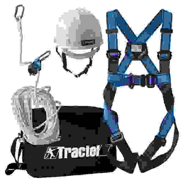 KIT ANTICADUTA TRACTEL PER TETTI A FALDE CASCO BIANCO IMBRAGATURA CORDA MOSCHETTONE E GHIERA