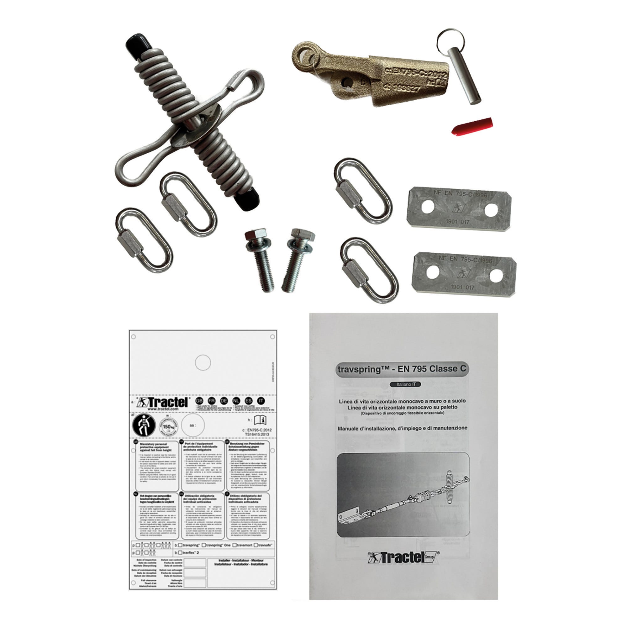 KIT LINEA VITA TRACTEL TRAVSPRING ONE EN795C ASSORBITORE E FISSAGGI ...