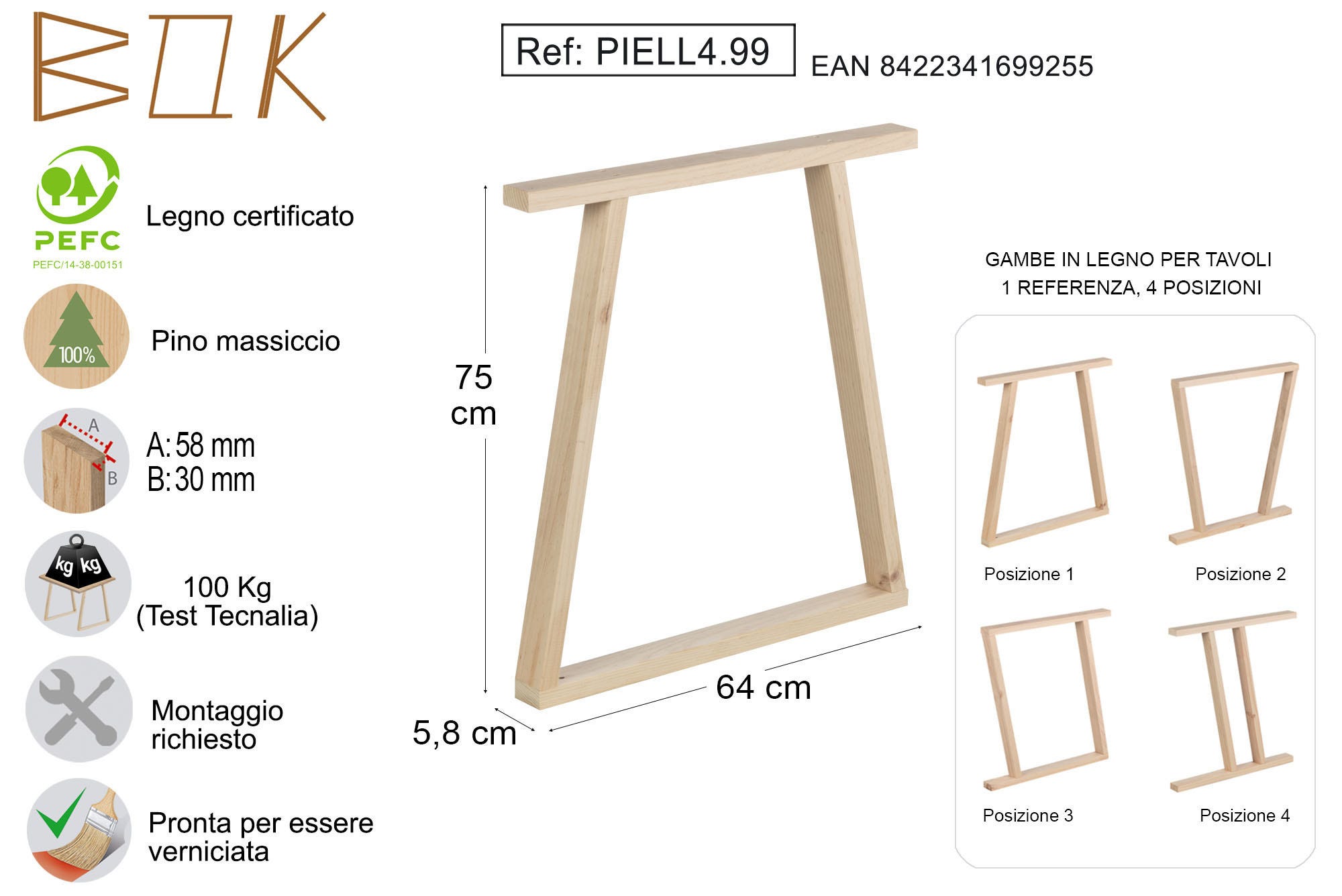 GAMBE TAVOLO IN LEGNO PINO MASSICCIO 4 POSIZIONI POSSIBILI 750x640 mm