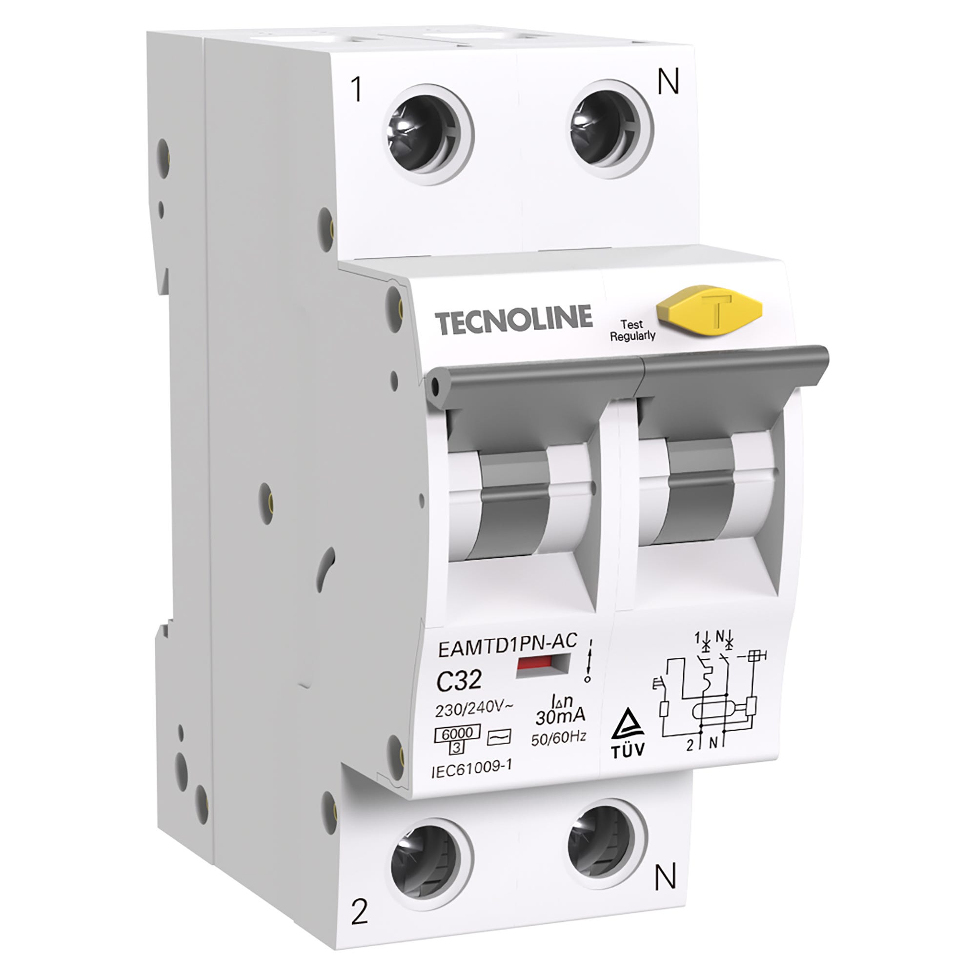 INTERRUTTORE MAGNETOTERMICO TECNOLINE DIFFERENZIALE 1P+N 32A 6KA 30mA TIPO AC 2 MODULI