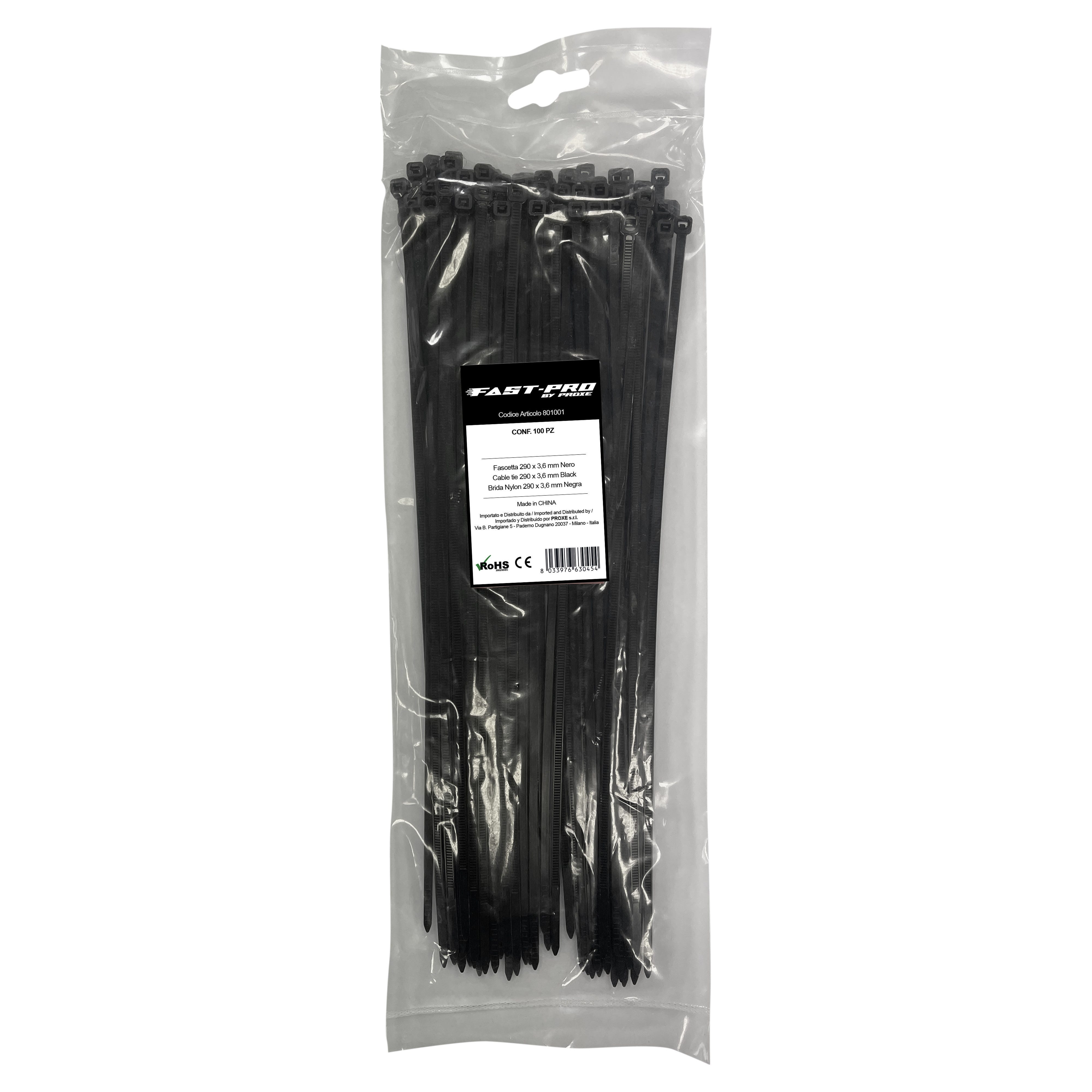 100 FASCETTE FASTGRIP 290x3,6 mm IN PVC COLORE NERO