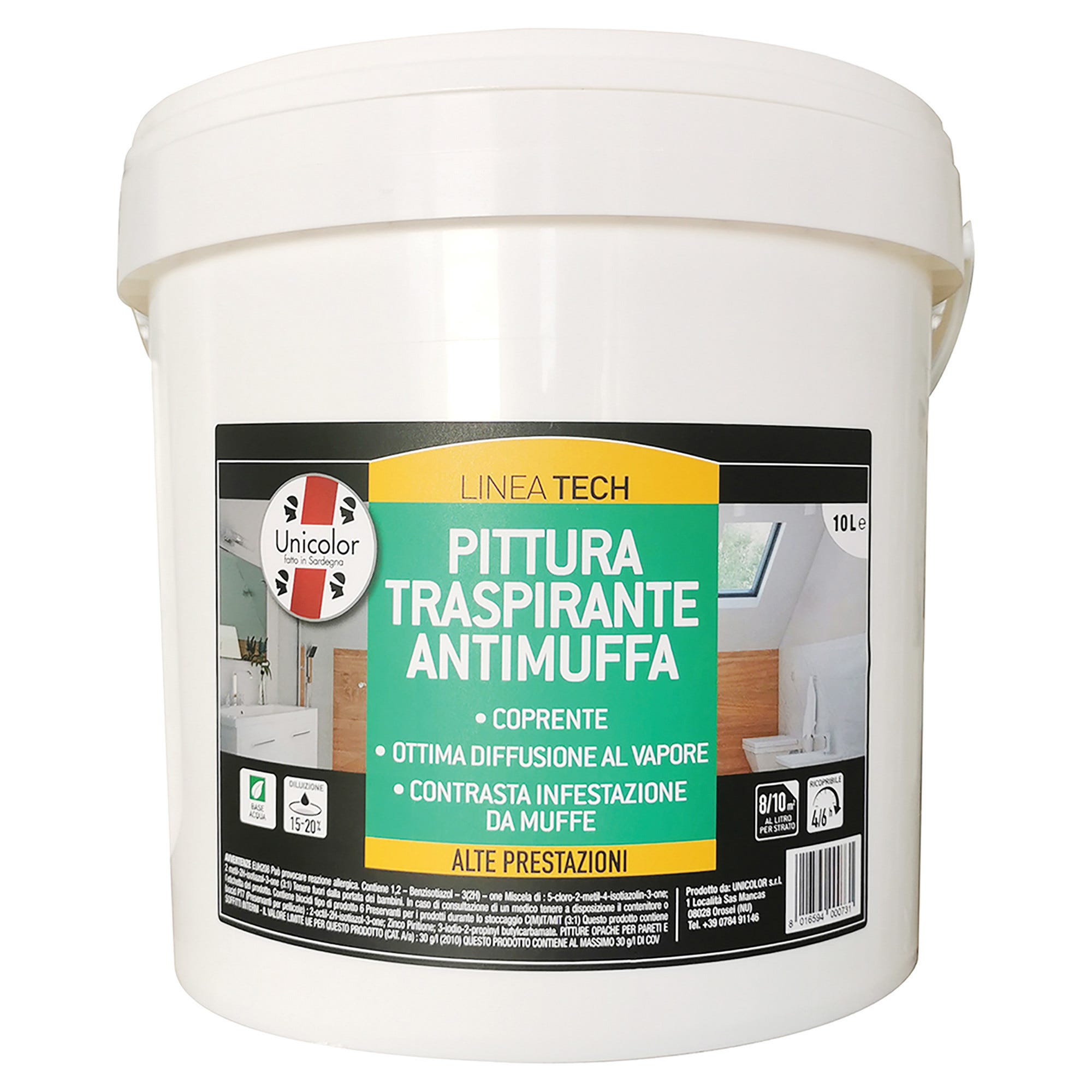 PITTURA TRASPIRANTE ANTIMUFFA UNICOLOR 10 l BIANCA PROFESSIONALE 5-6 m² ...
