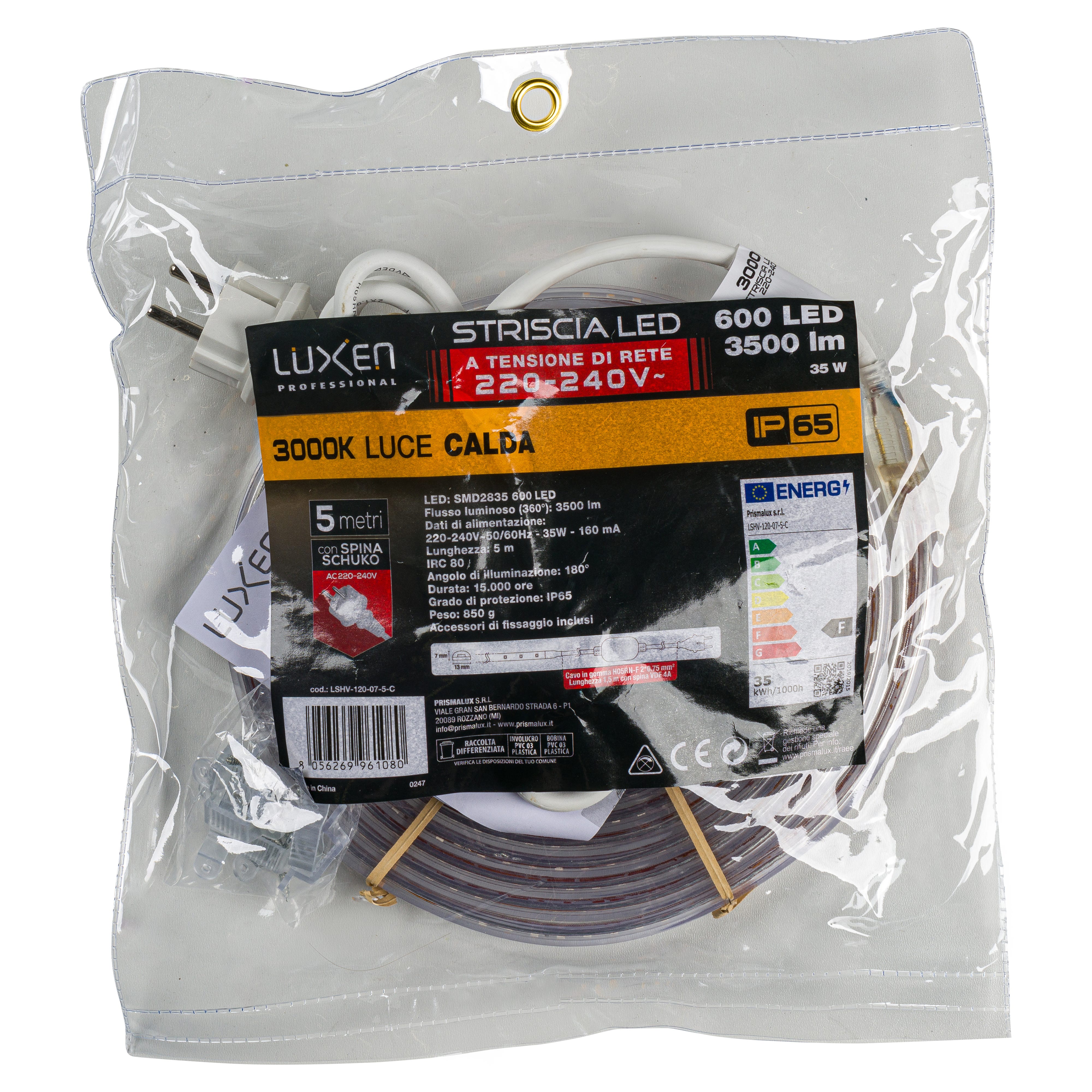 STRIP LED SUPREMA 220V 7W/m 700lm/m 3000K 5 m CAVO H05RN-F DA 1,5 m IP65