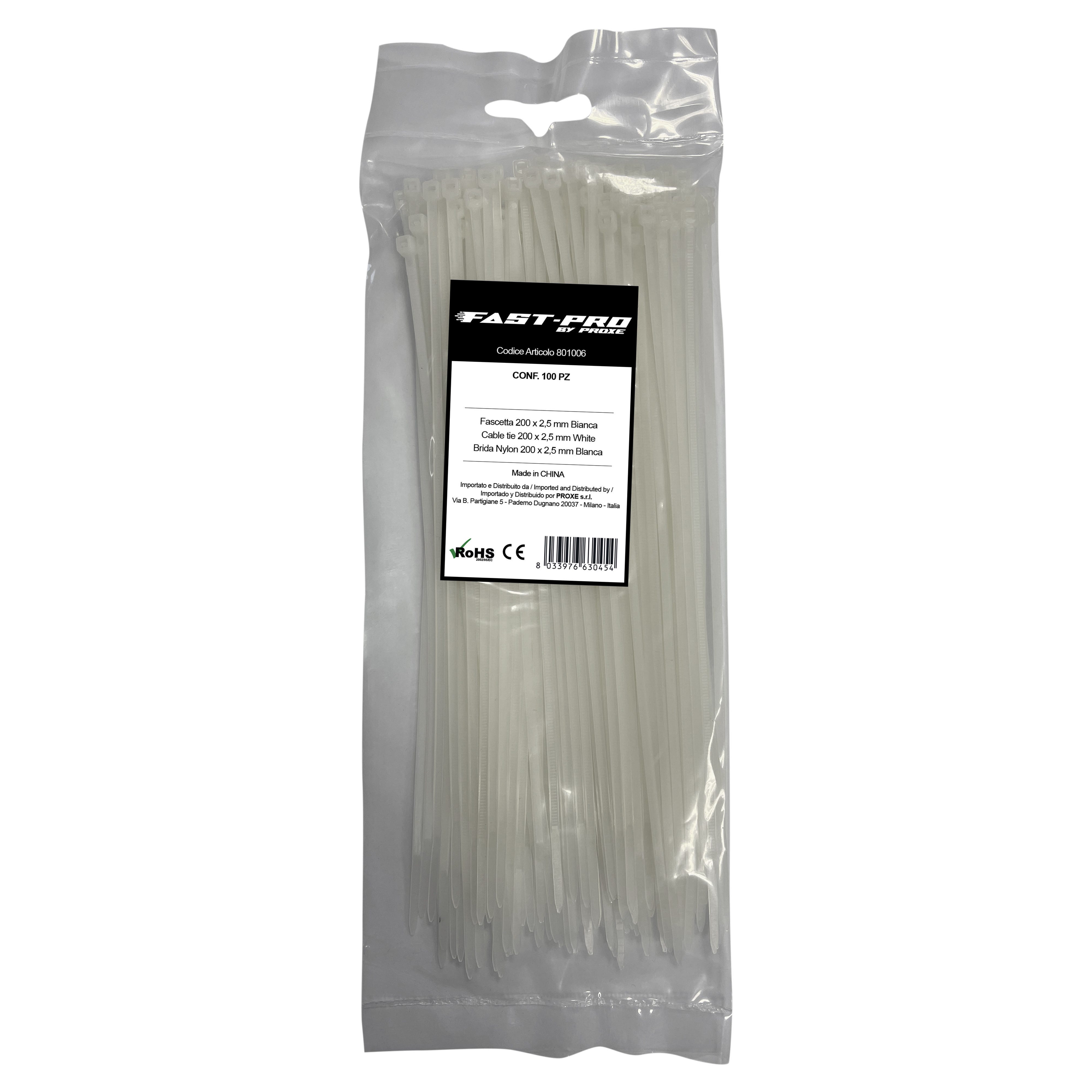 100 FASCETTE FASTGRIP 200x2,5 mm IN PVC COLORE BIANCO