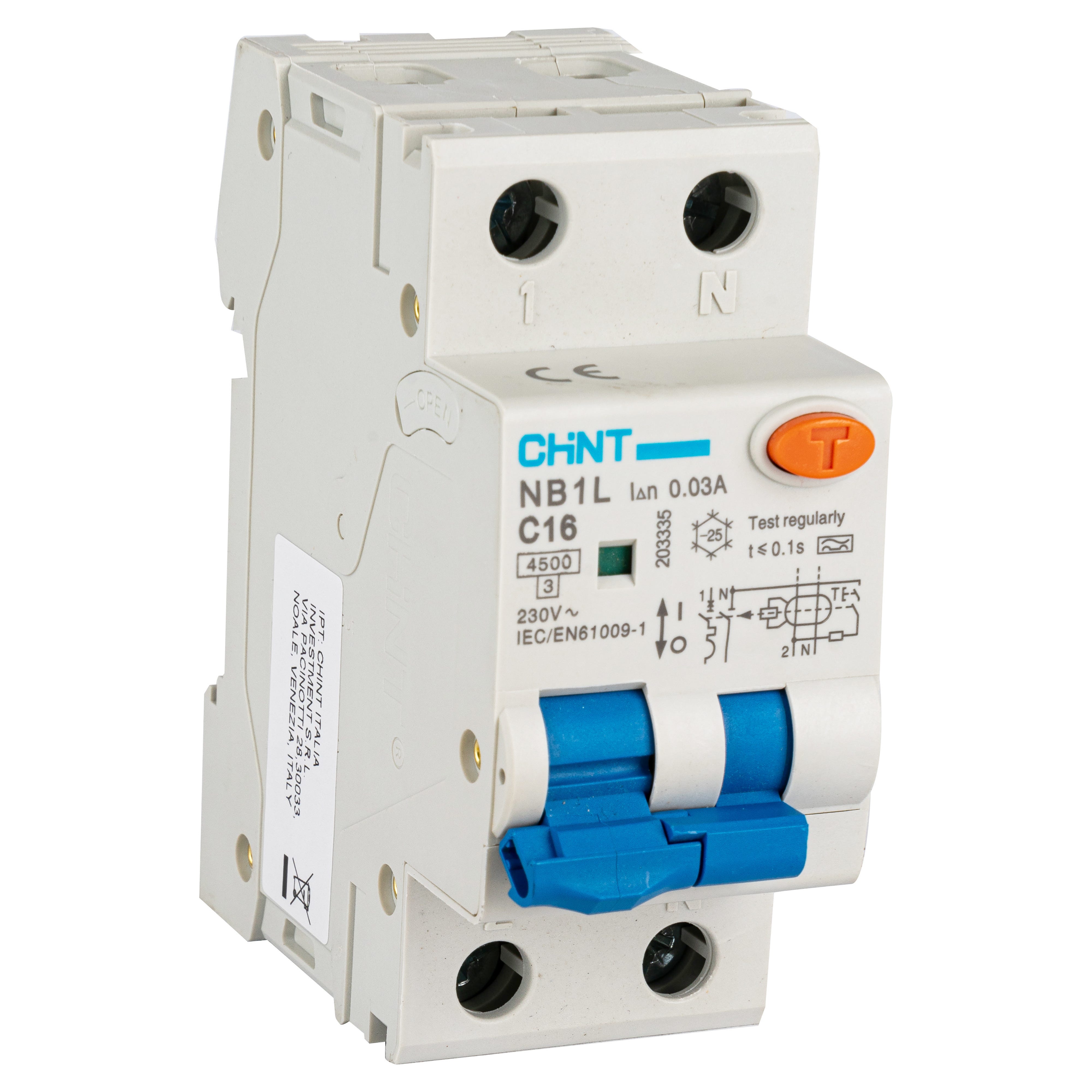 INTERRUTTORE MAGNETOTERMICO CHINT DIFFERENZIALE 1P+N 16A 4,5KA 30mA 2 MODULI 230V CLASSE A