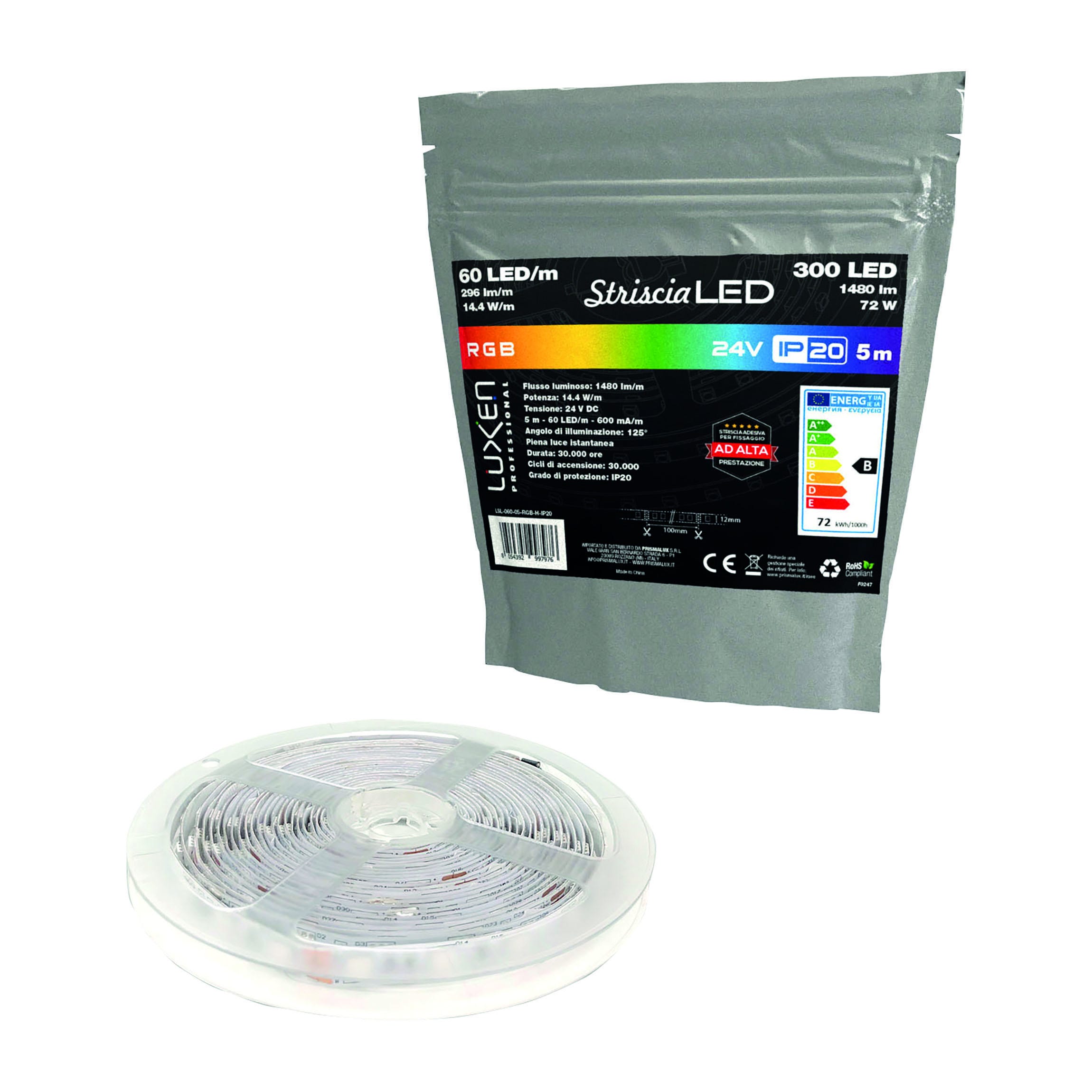 STRIP LED PROFESSIONALE 24V LUNGHEZZA 5m 14,4 W/m 600 mA/m 60 CHIP/m ...