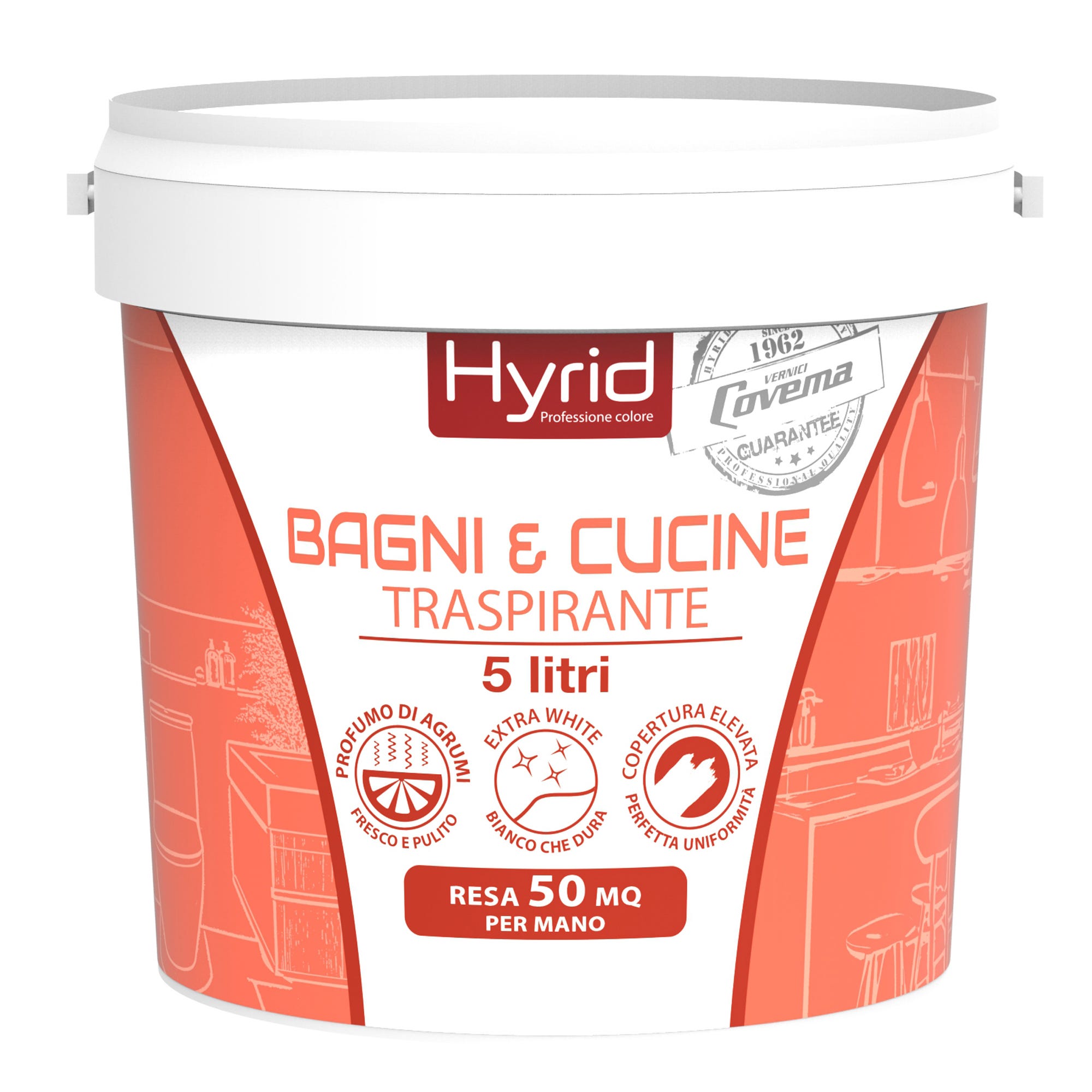IDROPITTURA TRASPIRANTE HYRID BAGNI E CUCINE 5 l 4,5-5 m² CON 1 l A 2 MANI