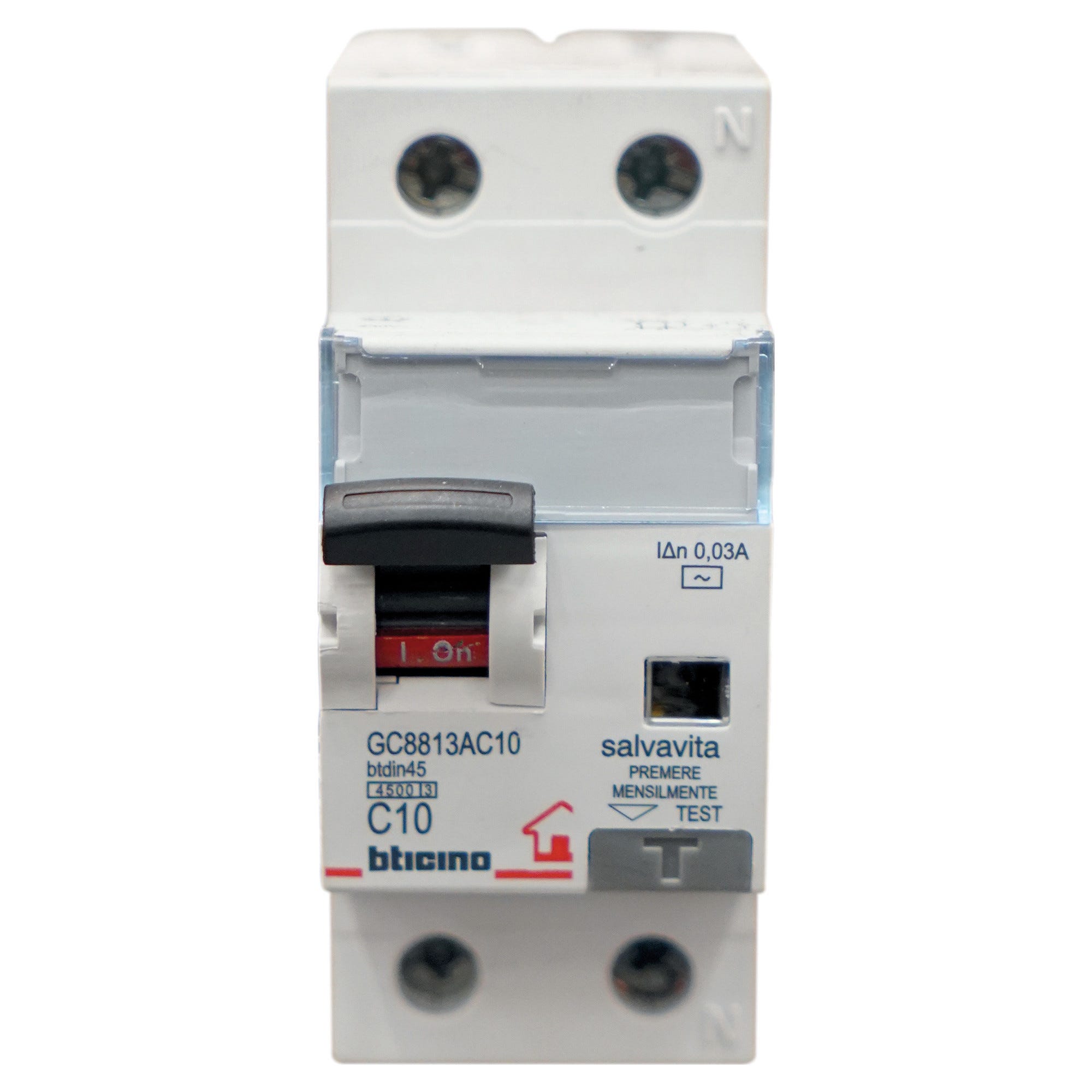 INTERRUTTORE MAGNETOTERMICO BTICINO DIFFERENZIALE 1P+N 10A4,5kA 30mA 2 MODULI 230 Va.c.