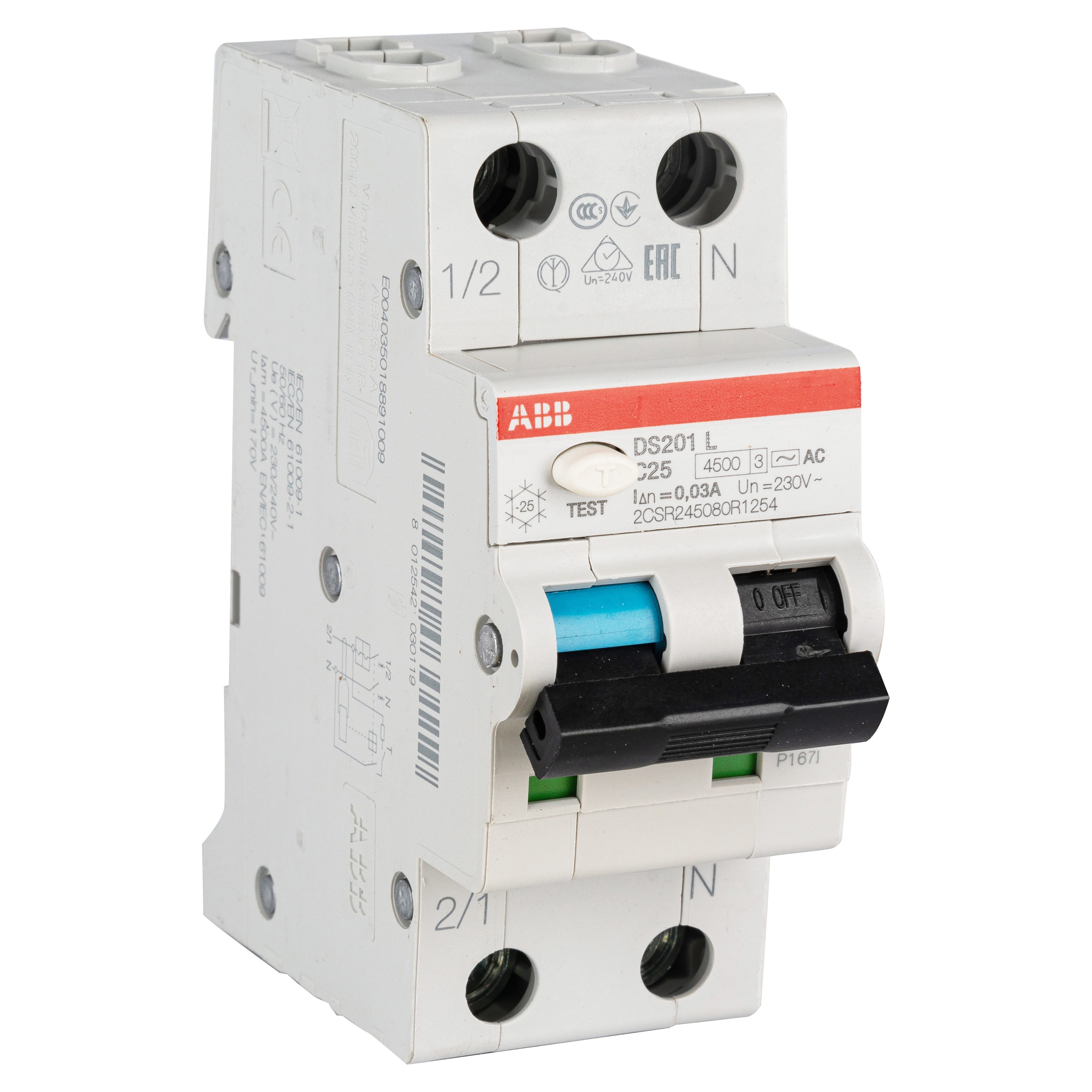 INTERRUTTORE MAGNETOTERMICO ABB DIFFERENZIALE 4,5kA 1P+N AC 25A 0,03A 2 MODULI 30mA